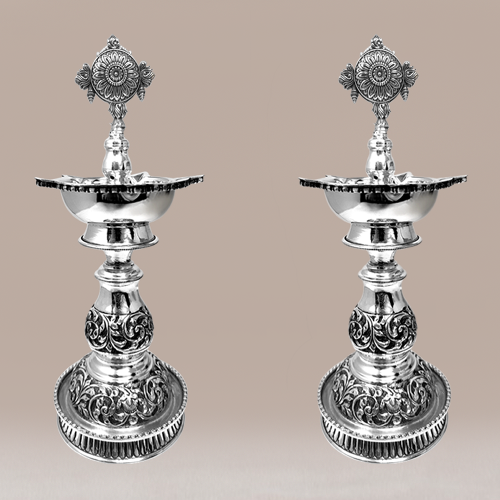 Shanku Chakra with Floral Style Silver Deepa Lamps
